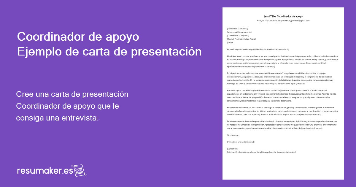Coordinador de apoyo Ejemplos de Cartas de Presentación (Plantilla y 20 ...