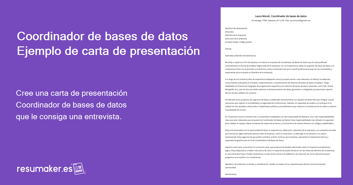 Coordinador de bases de datos Ejemplo de carta de presentación para 2024