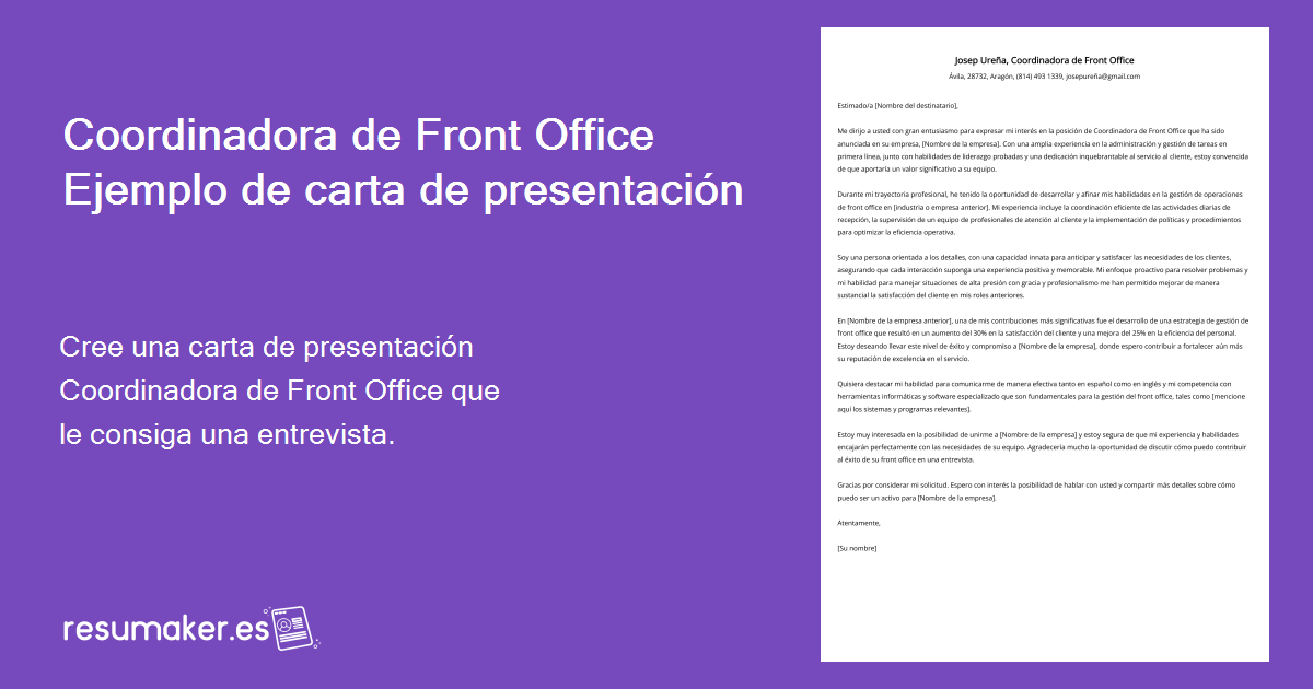 Coordinadora de Front Office Carta de presentación: Ejemplo y guía ...