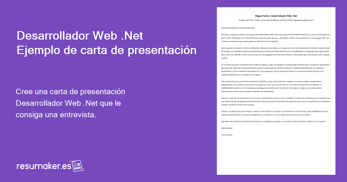 Desarrollador Web .Net Ejemplo de carta de presentación para 2025