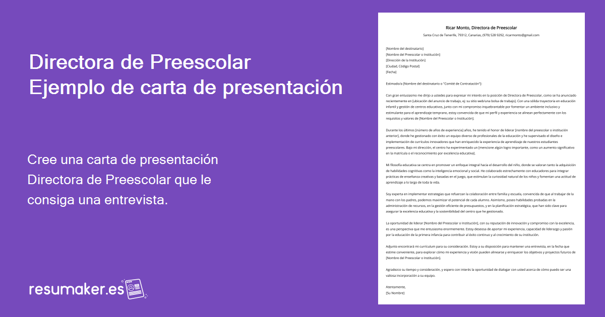Directora de Preescolar Ejemplos de Cartas de Presentación (Plantilla y ...