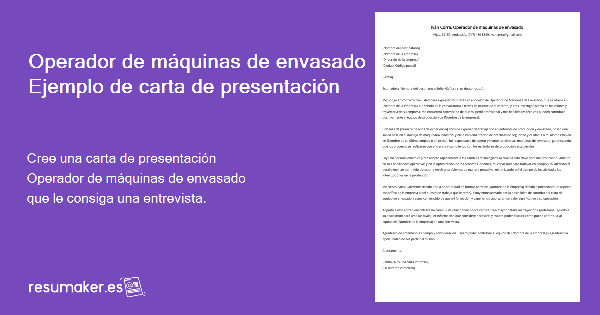 Operador de máquinas de envasado Ejemplos de Cartas de Presentación ...