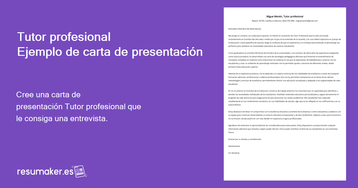 Tutor profesional Ejemplos de Cartas de Presentación (Plantilla y 20 ...