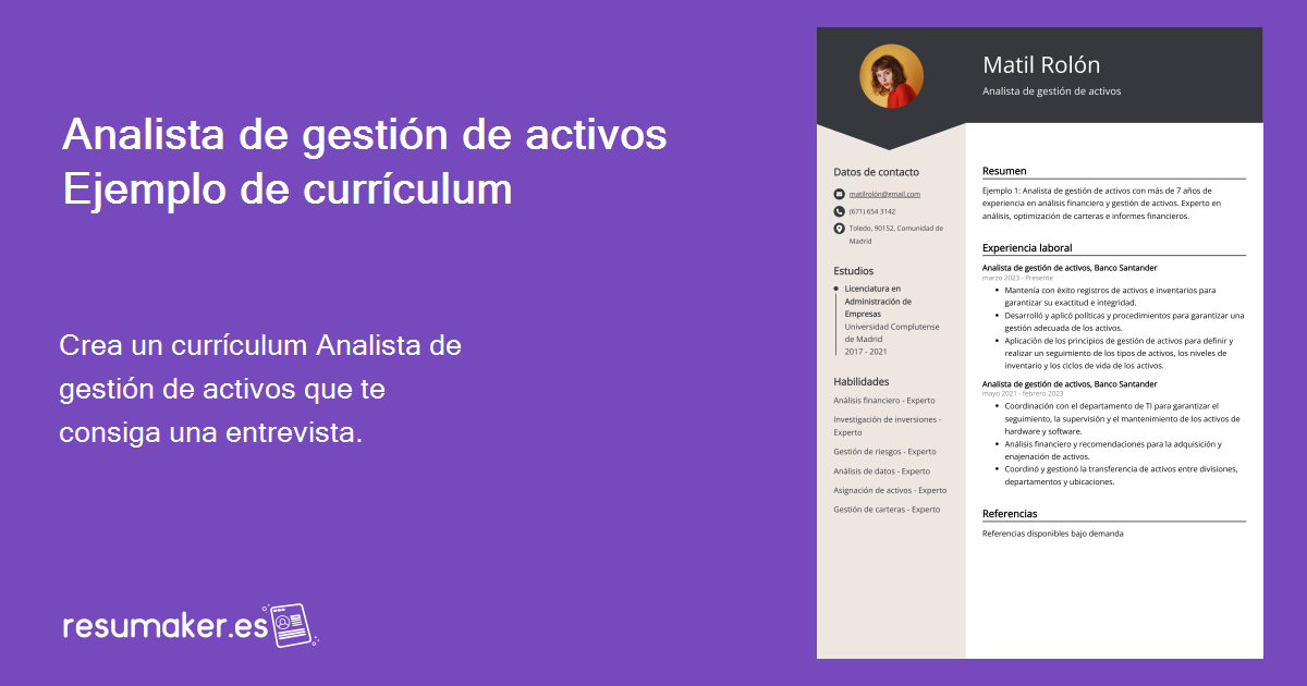 Analista de gestión de activos Ejemplo de currículum para 2024