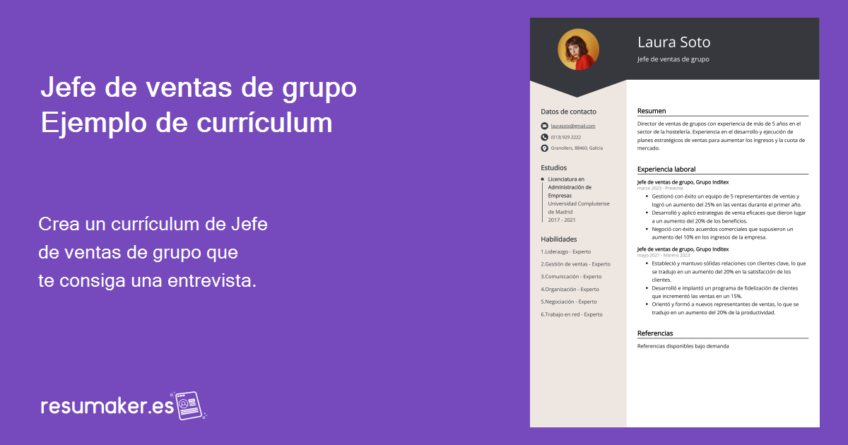 Curriculum Vitae Jefe de ventas de grupo: Ejemplo y Guía (Nivel de ...