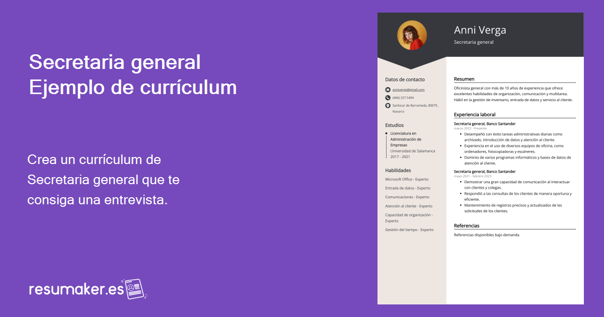 Curriculum Vitae Secretaria general: Ejemplo y Guía (Nivel de Entrada y ...