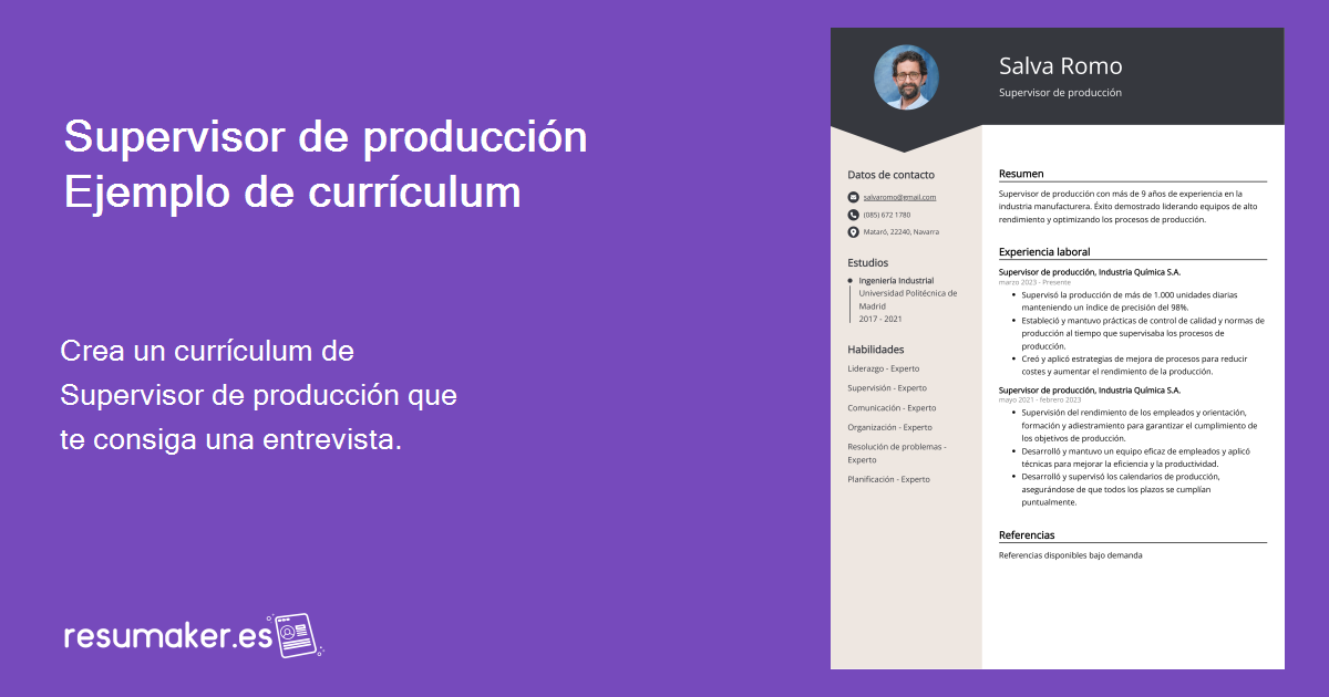 Ejemplos de Curriculum Vitae Supervisor de producción (Plantilla y 20 ...