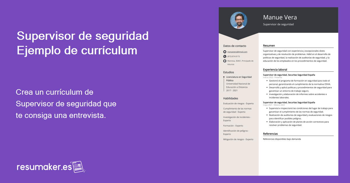 Ejemplos de Curriculum Vitae Supervisor de seguridad (Plantilla y 20 ...
